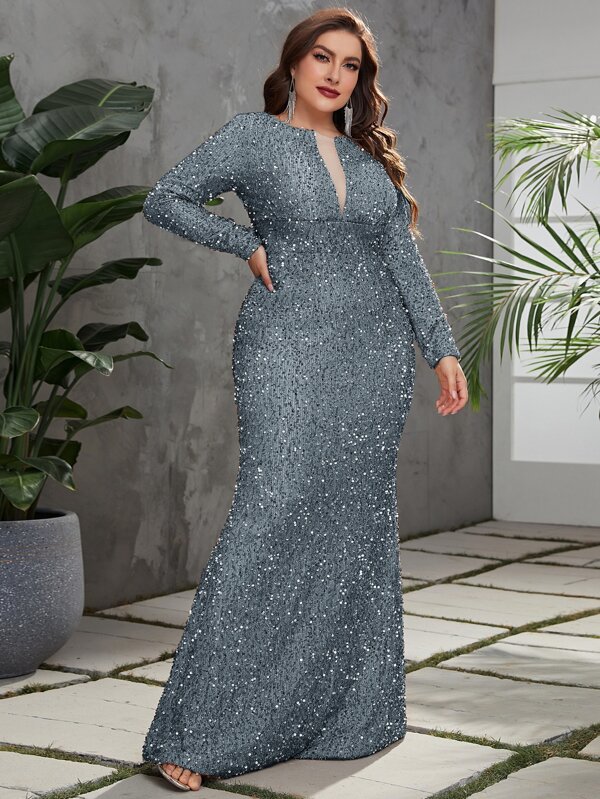 Giffniseti Plus Mesh Panel Mermaid Hem Sequins Dress | SHEIN USA