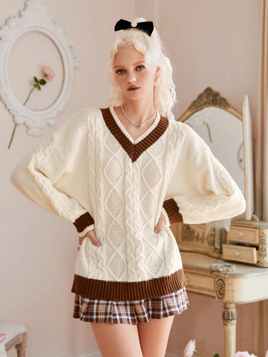 ROMWE Cable Knit Striped Trim Sweater | SHEIN USA