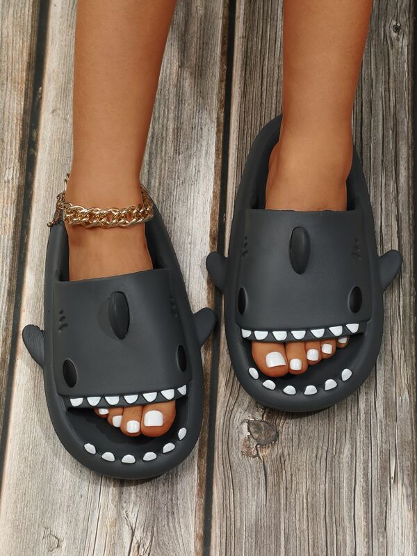 Cartoon Shark Design Slides, Deep Grey Preppy Cartoon Style Flip-flops ...