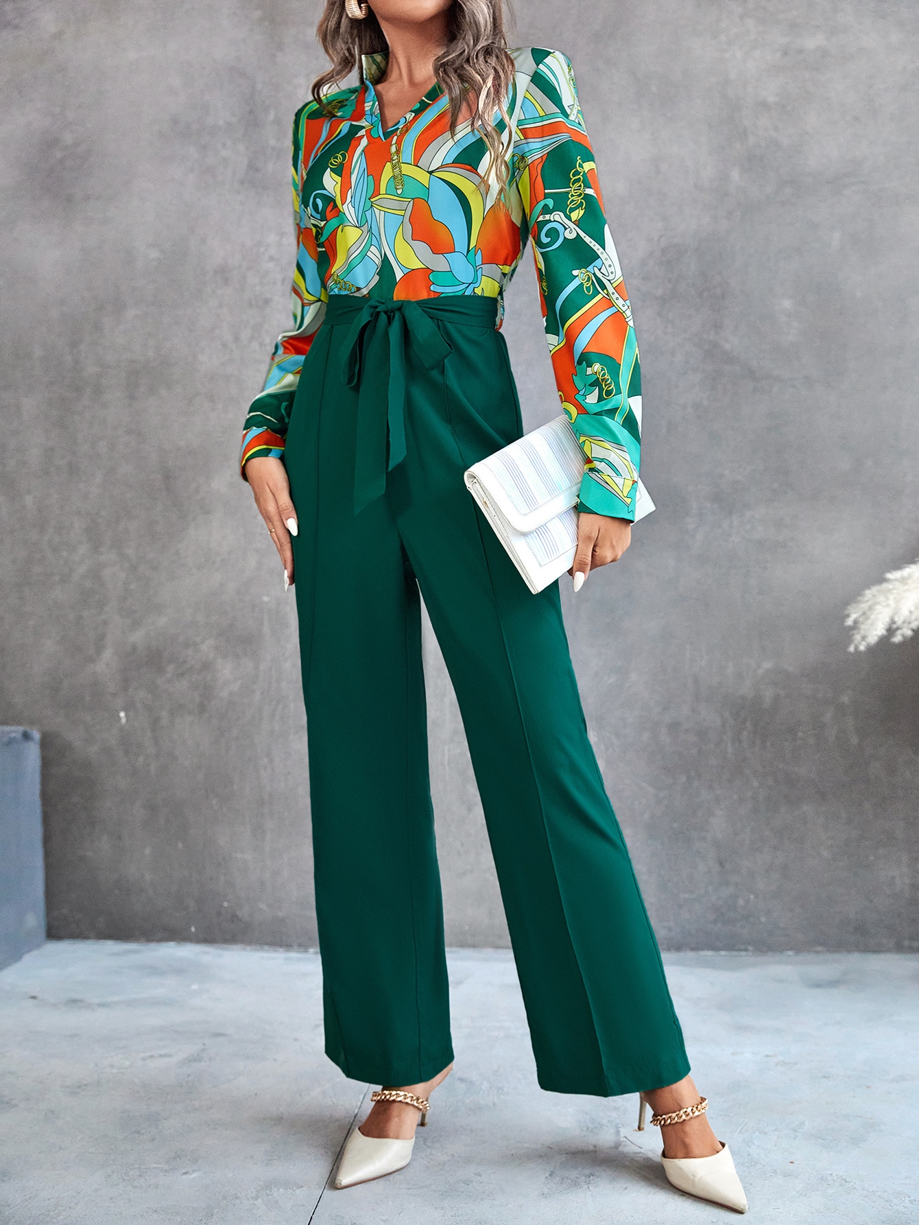 Belt Print Tie Front Shirt Jumpsuit | SHEIN USA