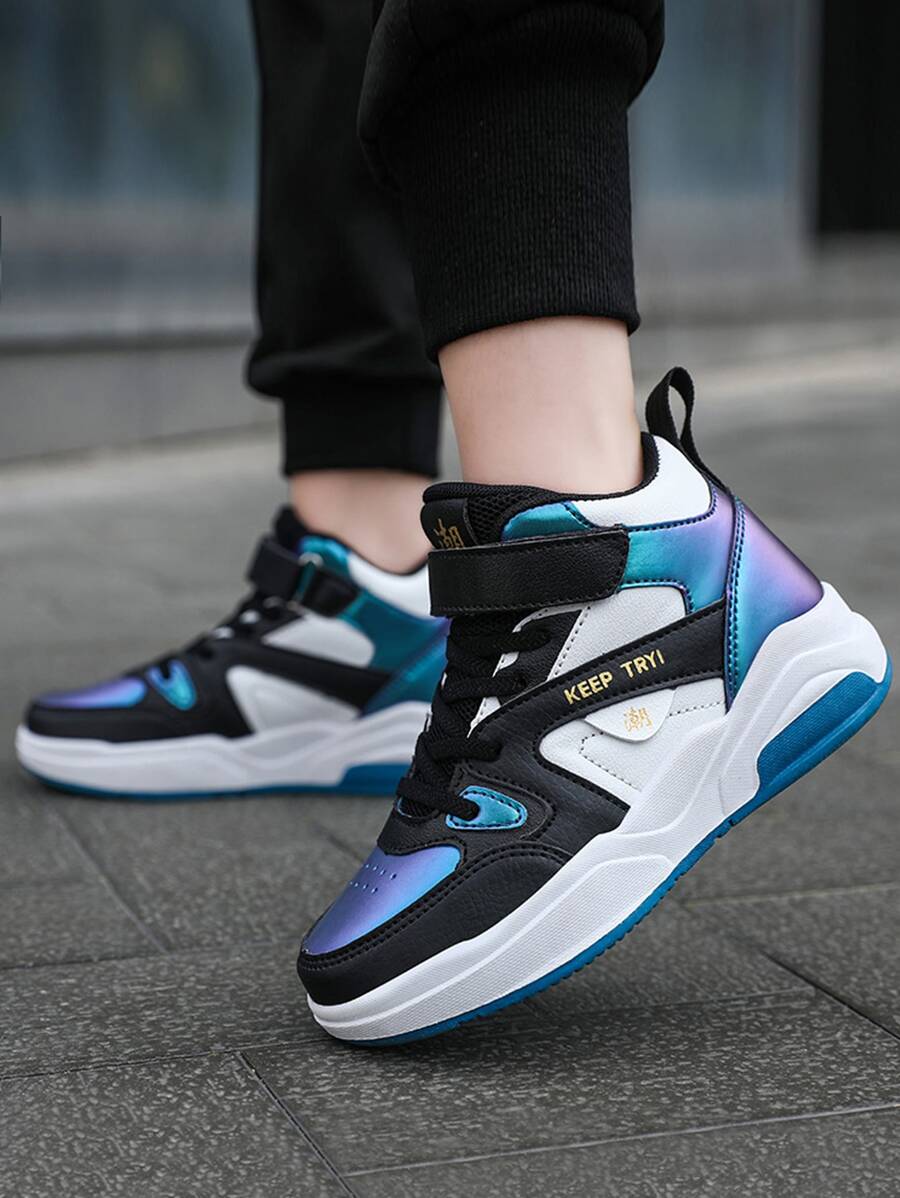 Holographic Slogan Graphic High Top Hook-and-loop Fastener Skate Shoes ...