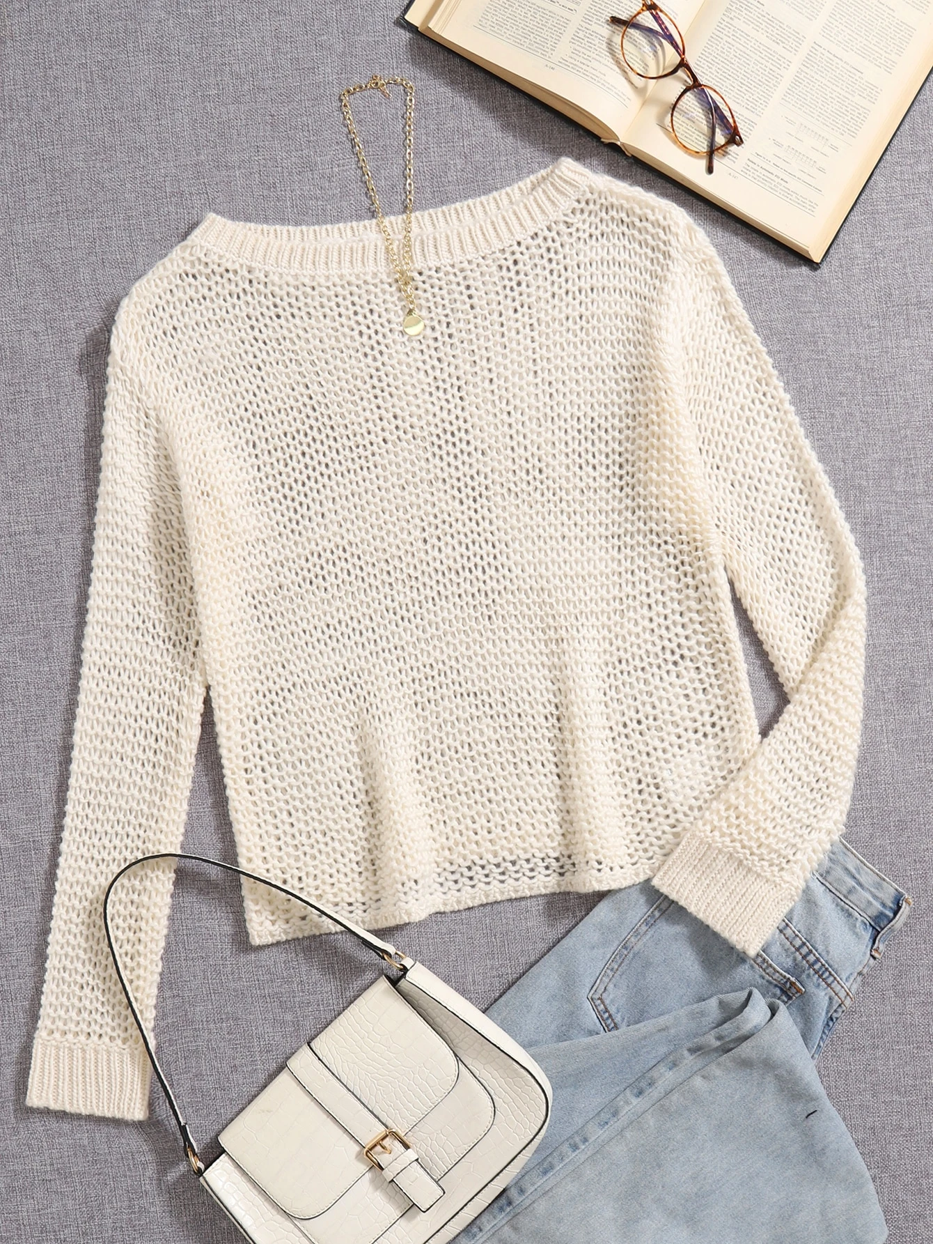 SHEIN ICON Drop Shoulder Open Knit Sweater Without Bra | SHEIN USA