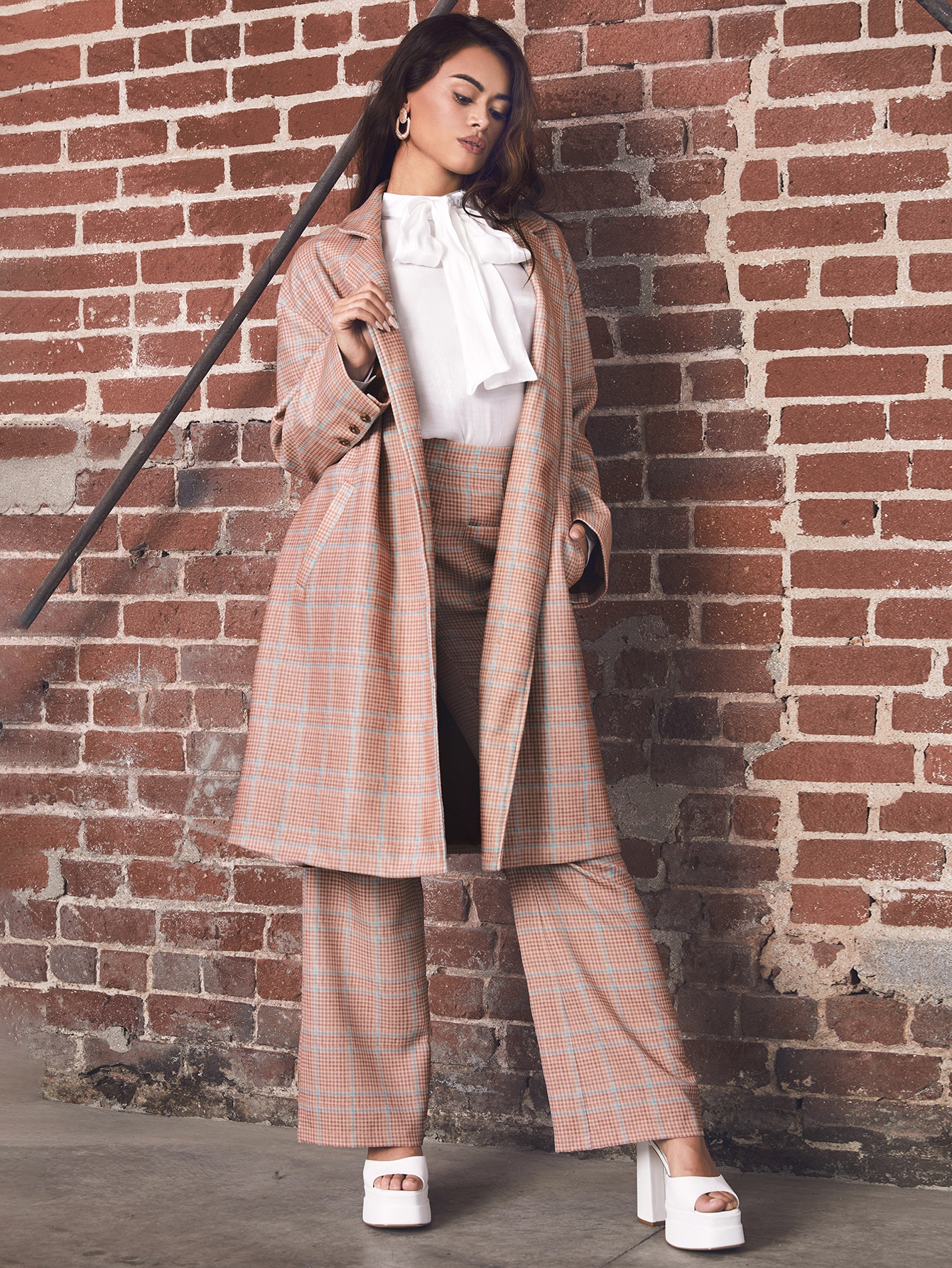 SHEIN X ESMERALDA QUIROZ Plaid Slant Pockets Drop Shoulder Overcoat ...