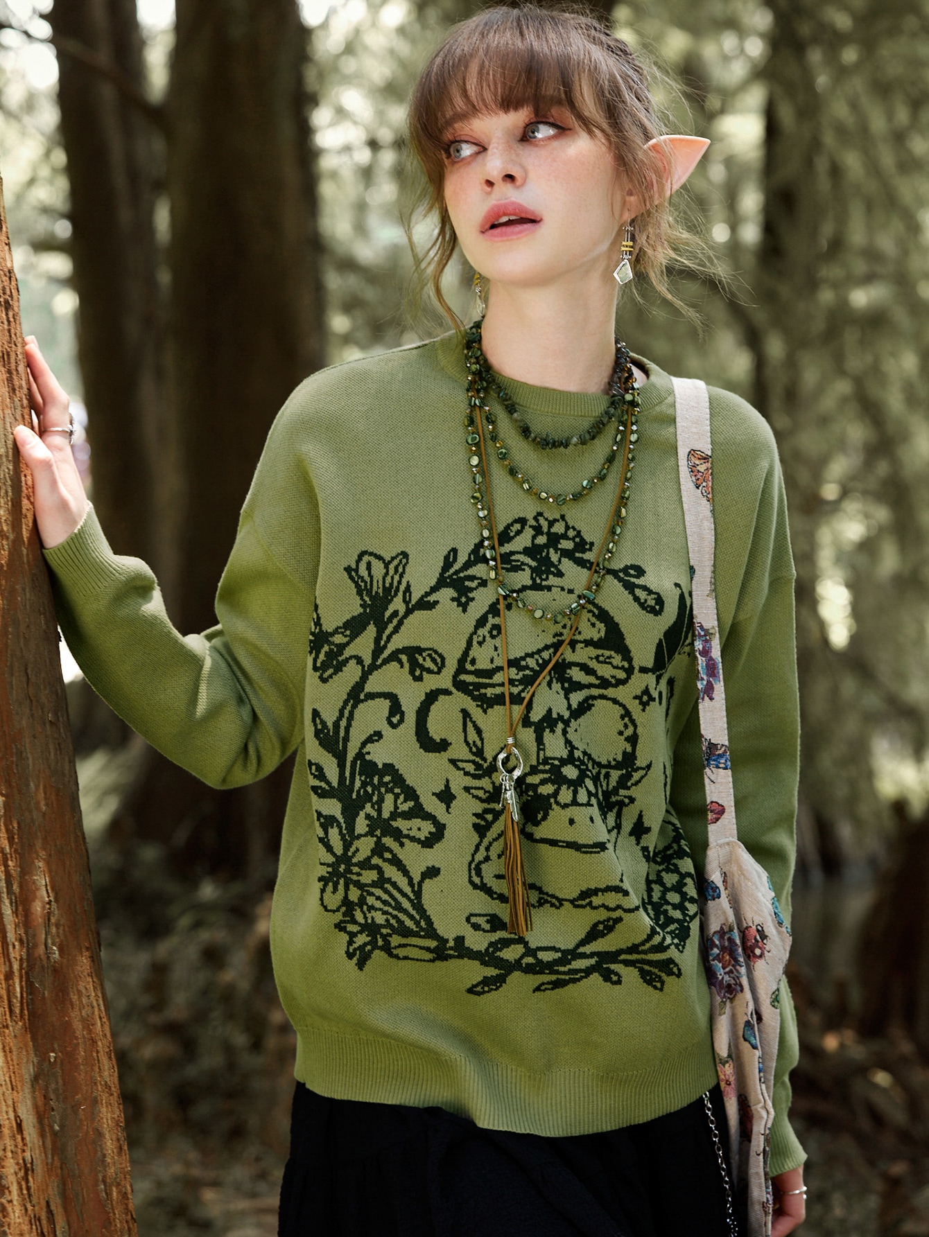 ROMWE Fairycore Frog & Mushroom Pattern Drop Shoulder Sweater