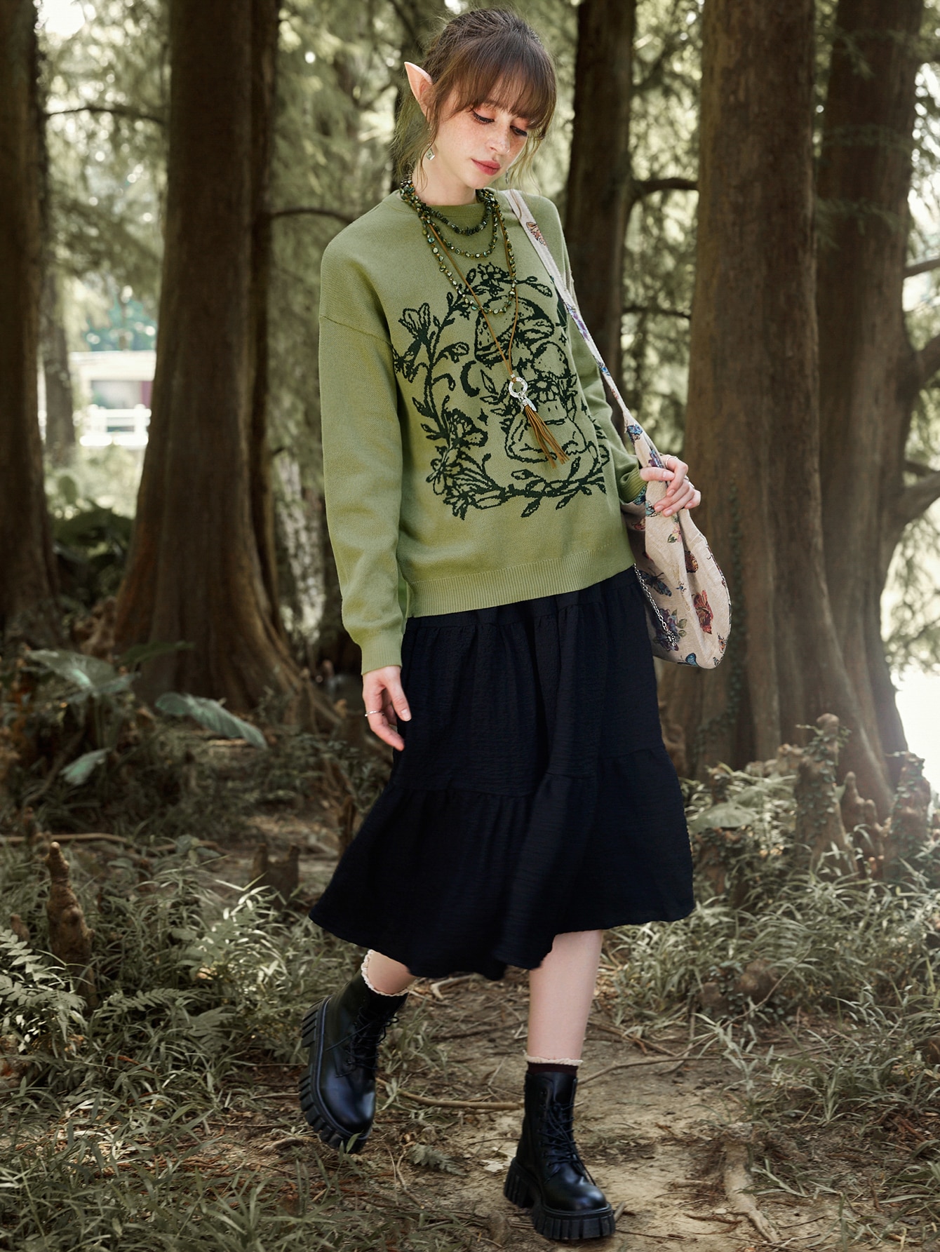 Fairycore Frog & Mushroom Pattern Drop Shoulder Sweater | SHEIN USA