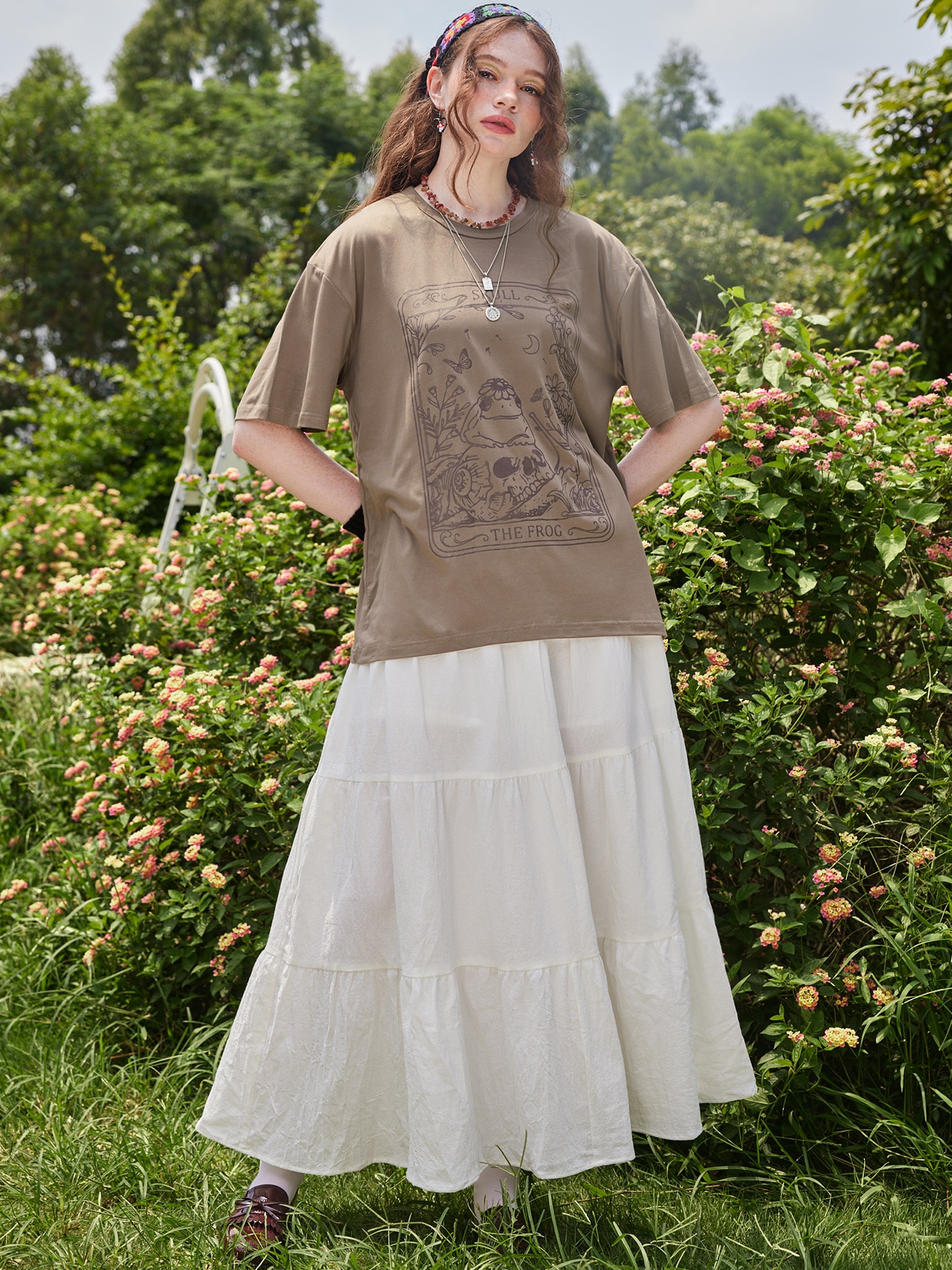 Fairycore Frog & Skull Print Drop Shoulder Tee | SHEIN UK