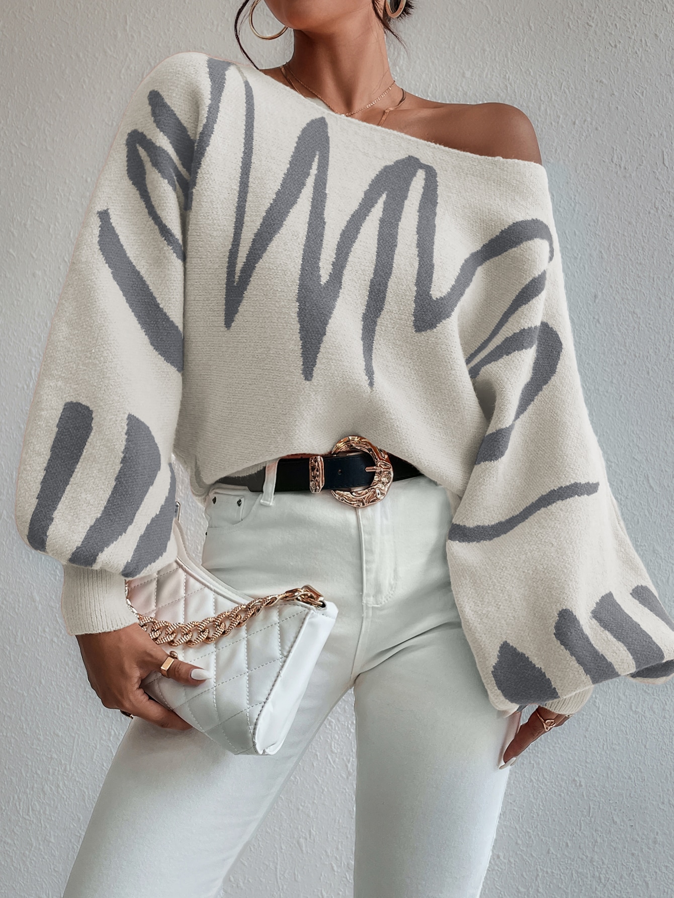 SHEIN Privé Graphic Pattern Lantern Sleeve Jumper | SHEIN UK