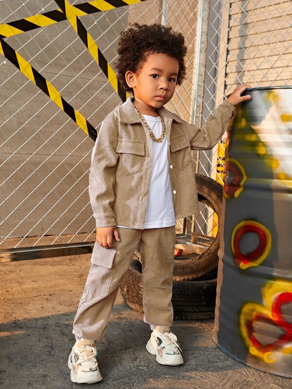 SHEIN Kids Cooltwn Toddler Boys 1pc Flap Pocket Jacket & 1pc Pants ...