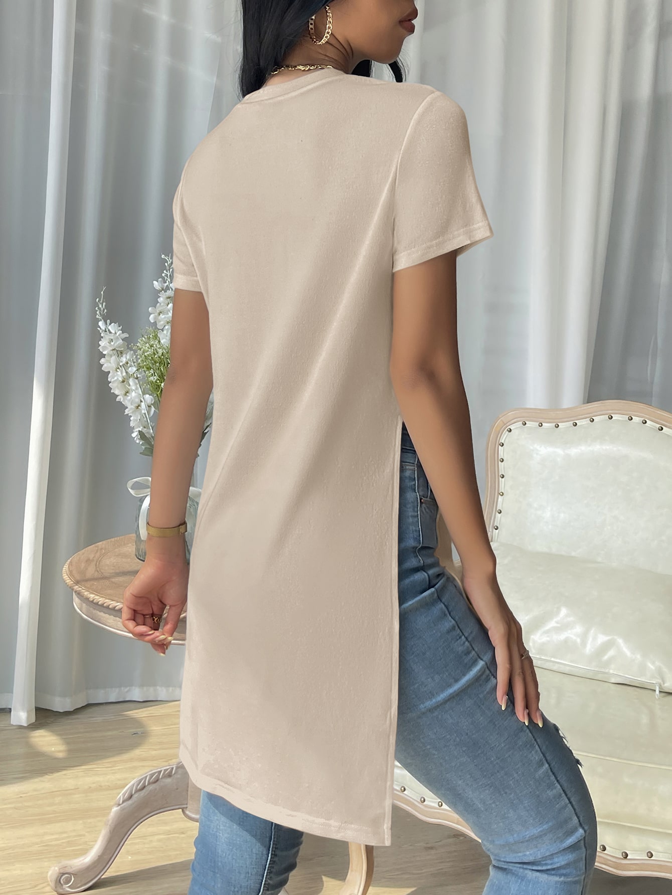 Shein Lune Solid Split Hem Longline Tee Shein Usa