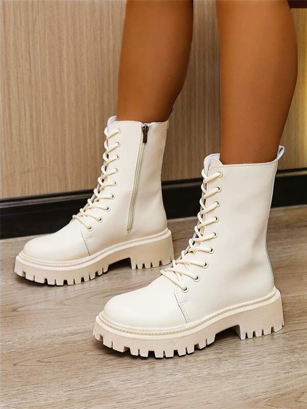 Beige Color Boots With Side Zipper | SHEIN USA