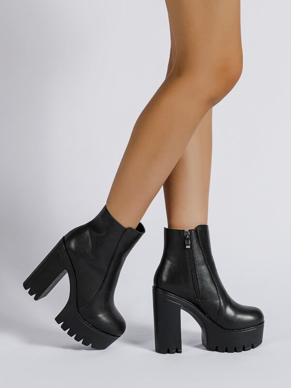 Zipper Side Platform Chunky Heeled Combat Boots, Women's Black Solid ...