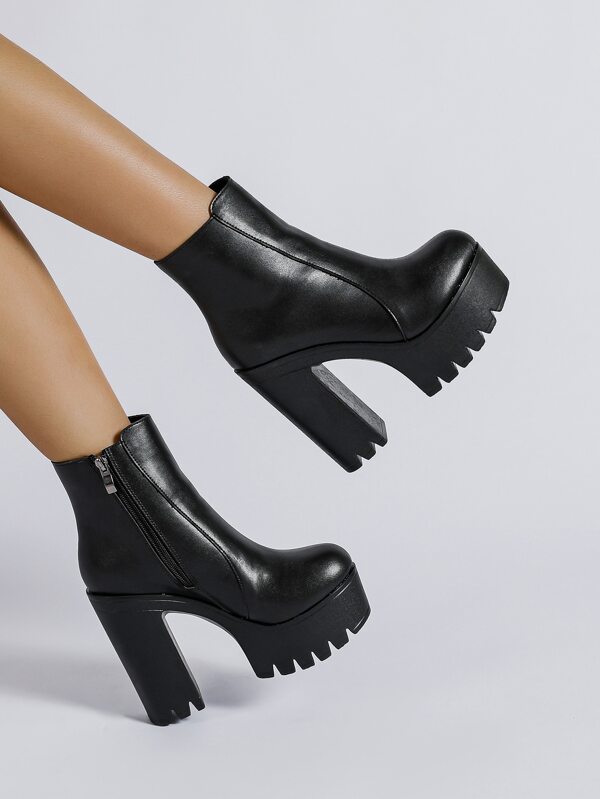 Zipper Side Platform Chunky Heeled Combat Boots, Women's Black Solid ...