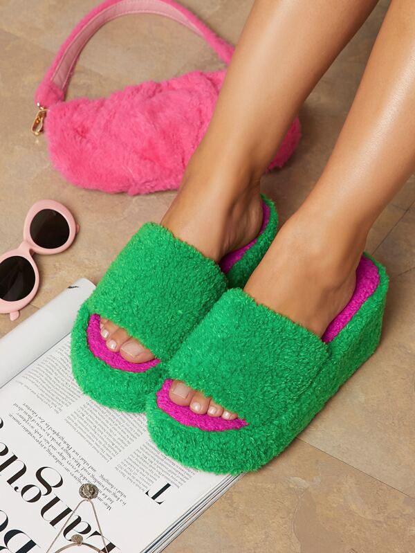 Round Toe Teddy Terry Platform Wedge Mules | SHEIN USA