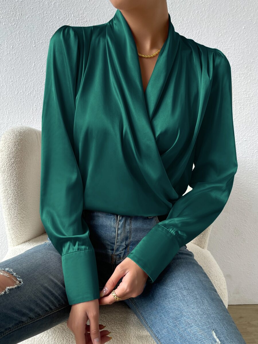 SHEIN Privé Draped Front Satin Shirt | SHEIN USA