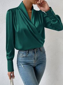 SHEIN Privé Draped Front Satin Shirt | SHEIN USA