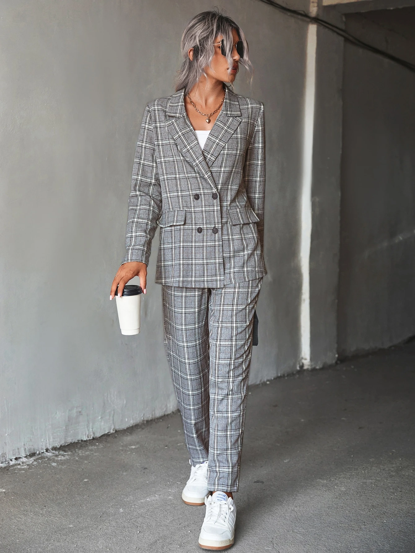 SHEIN x Deborah SHEIN LUNE Basic And Versatile Commuter Plaid Double ...