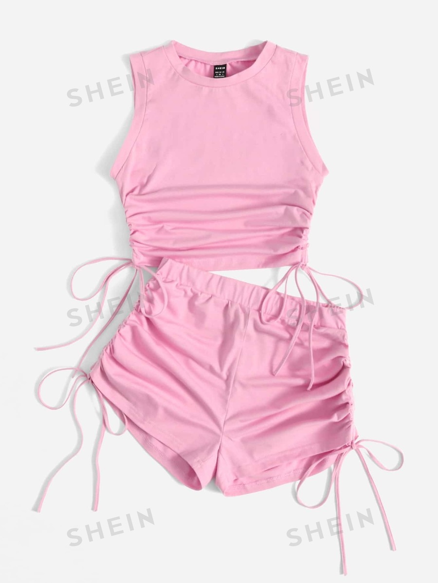 SHEIN EZwear เสื้อกล้ามสั้น สายรัด จับย่นด้านข้าง & กางเกงขาสั้น เซ็ท | SHEIN TH