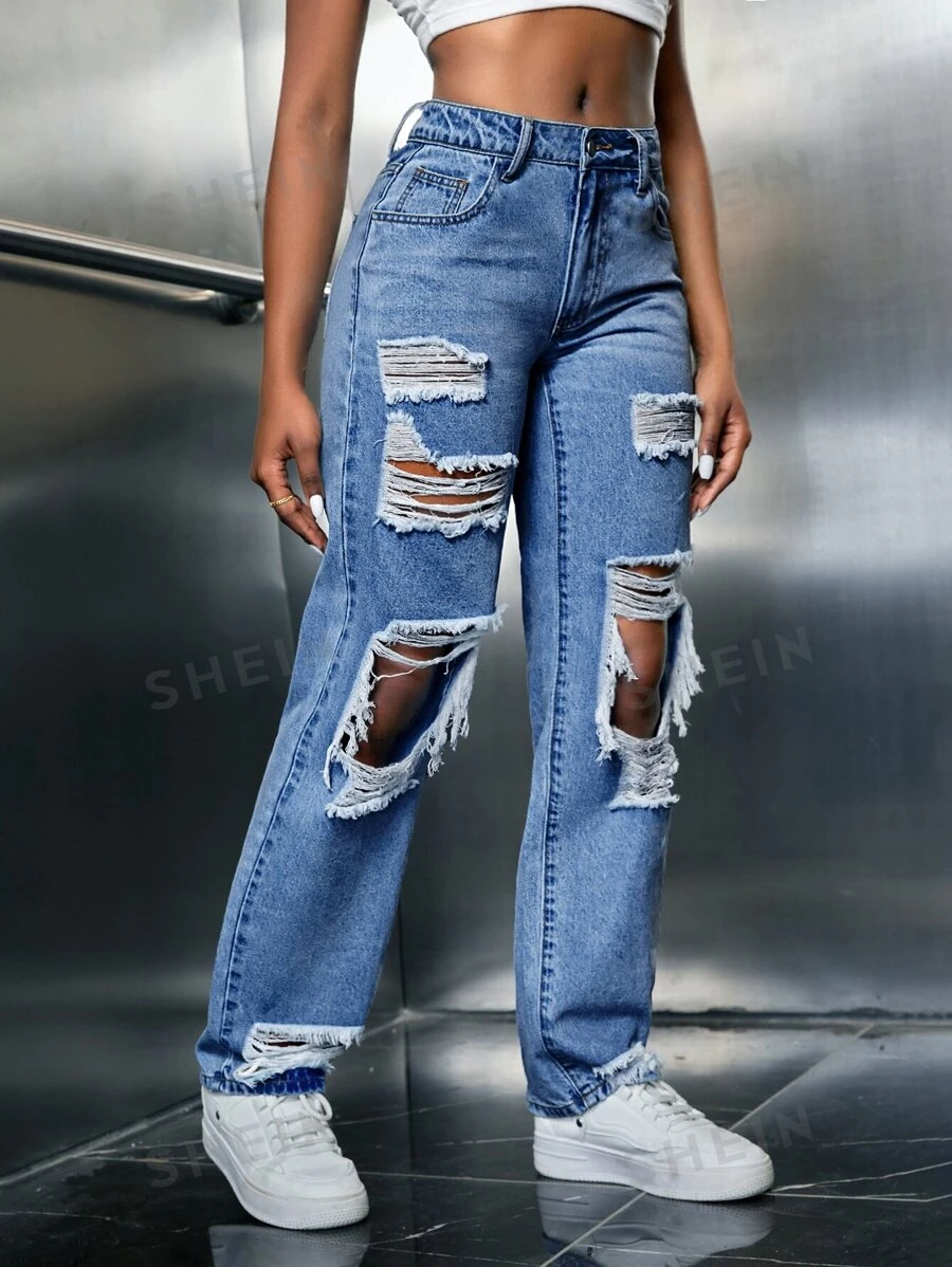 SHEIN SXY Ripped Cut Out Straight Leg Jeans | SHEIN USA