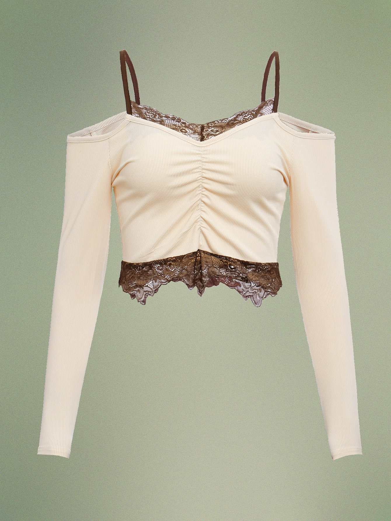 ROMWE Fairycore Contrast Lace Cold Shoulder Crop Tee