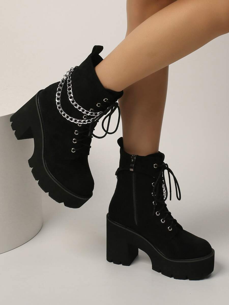 Women Minimalist Chain Decor Lace-Up Front Side Zip Faux Suede Platform ...