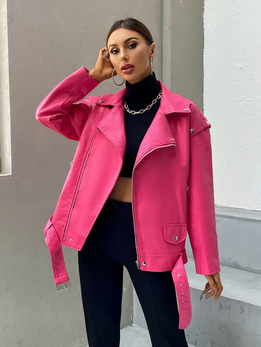 SHEIN BAE Zip Up Belted PU Moto Jacket | SHEIN USA