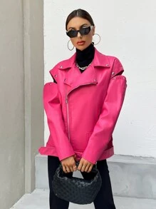 SHEIN BAE Zip Up Belted PU Moto Jacket | SHEIN USA