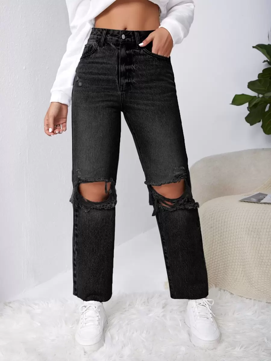 SHEIN EZwear Ripped Raw Cut Straight Leg Jeans | SHEIN USA