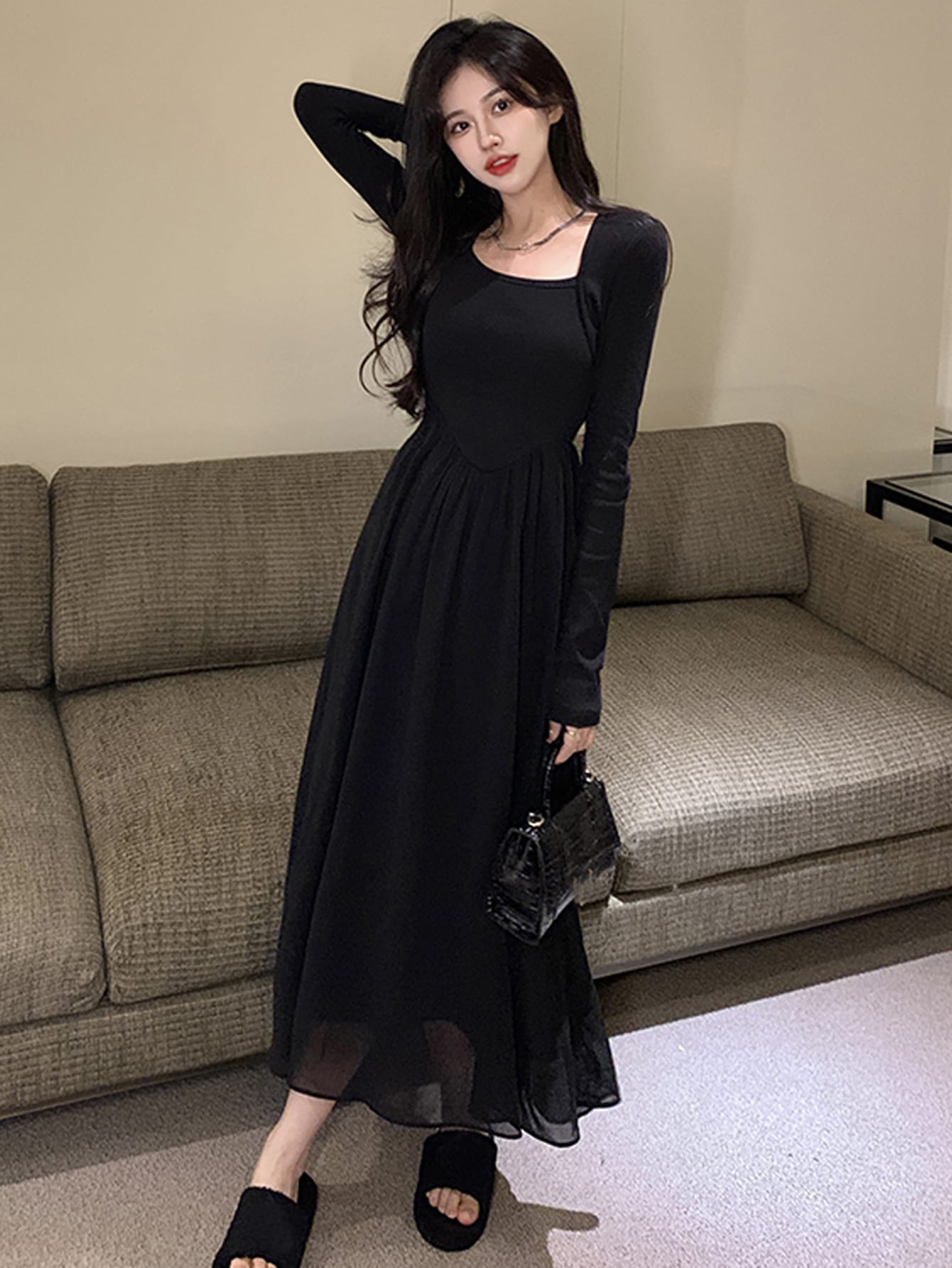 Honeyspot Solid Queen Anne Neckline Long Dress | SHEIN UK