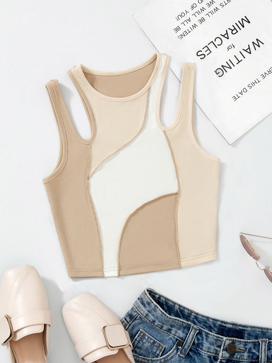 SHEIN MOOSTA Colorblock Cut Out Rib-knit Tank Top | SHEIN USA