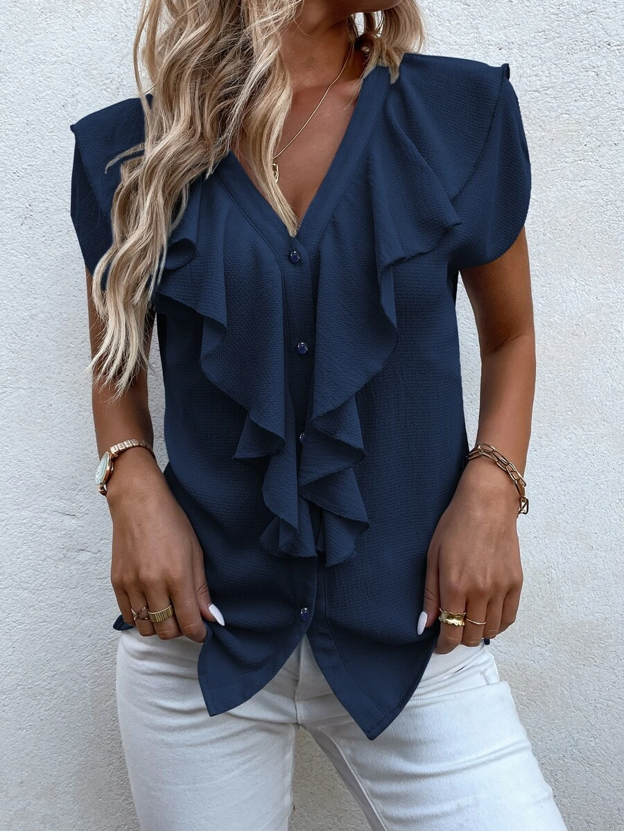 SHEIN LUNE Solid Ruffle Trim Blouse | SHEIN USA