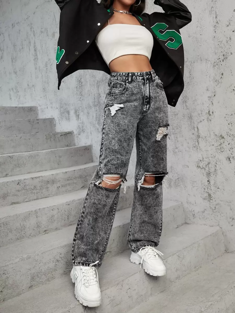 SHEIN EZwear High Waist Ripped Straight Leg Jeans | SHEIN USA