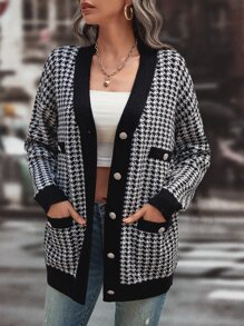 SHEIN LUNE Houndstooth Pattern Drop Shoulder Cardigan | SHEIN USA