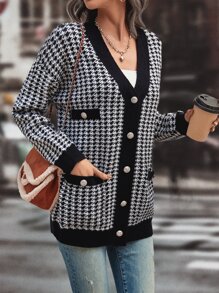 SHEIN LUNE Houndstooth Pattern Drop Shoulder Cardigan | SHEIN USA