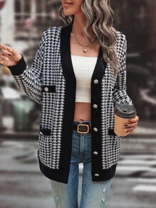 SHEIN LUNE Houndstooth Pattern Drop Shoulder Cardigan | SHEIN USA