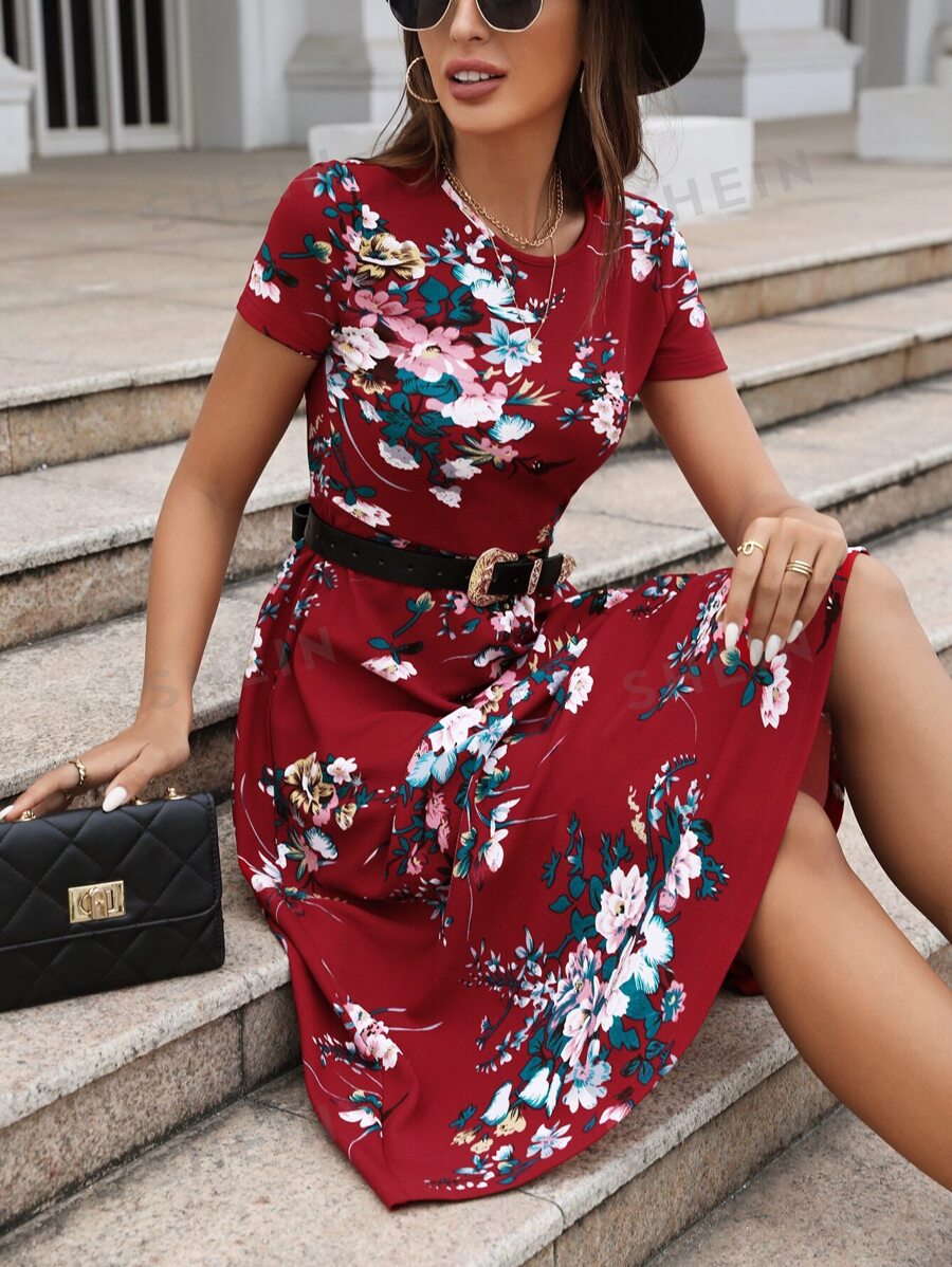 SHEIN Clasi Floral Print Flared Hem Dress Without Belt | SHEIN UK