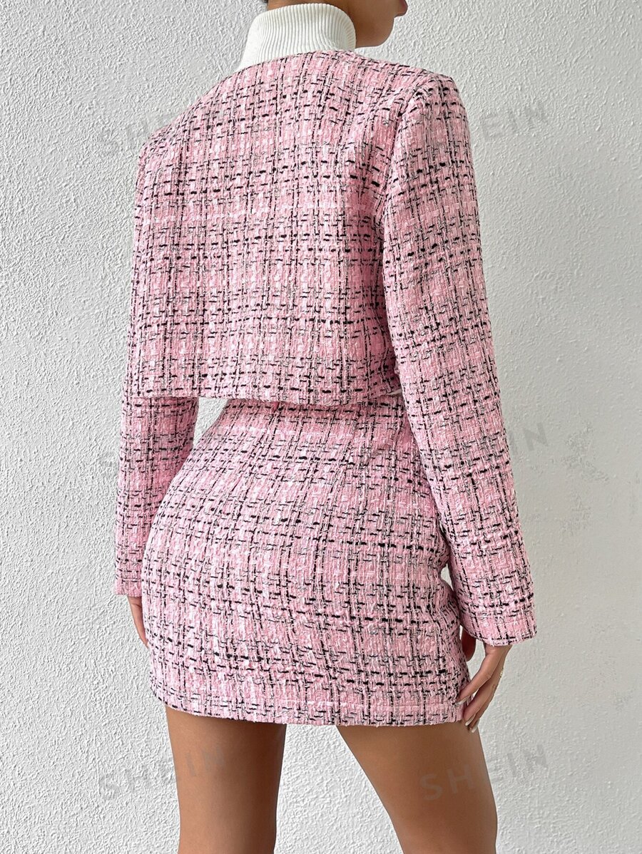 SHEIN Frenchy Plaid Button Front Crop Jacket & Skirt | SHEIN USA