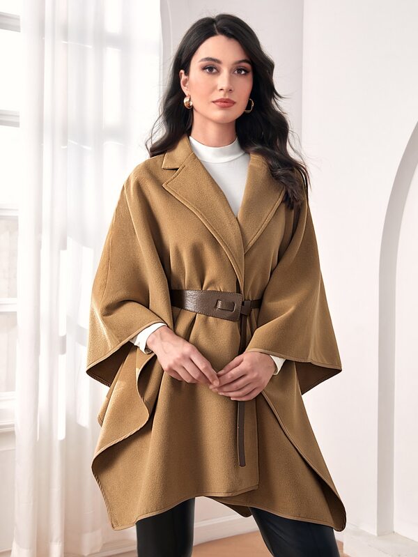 SHEIN Mulvari Lapel Neck Belted Cape Overcoat | SHEIN UK