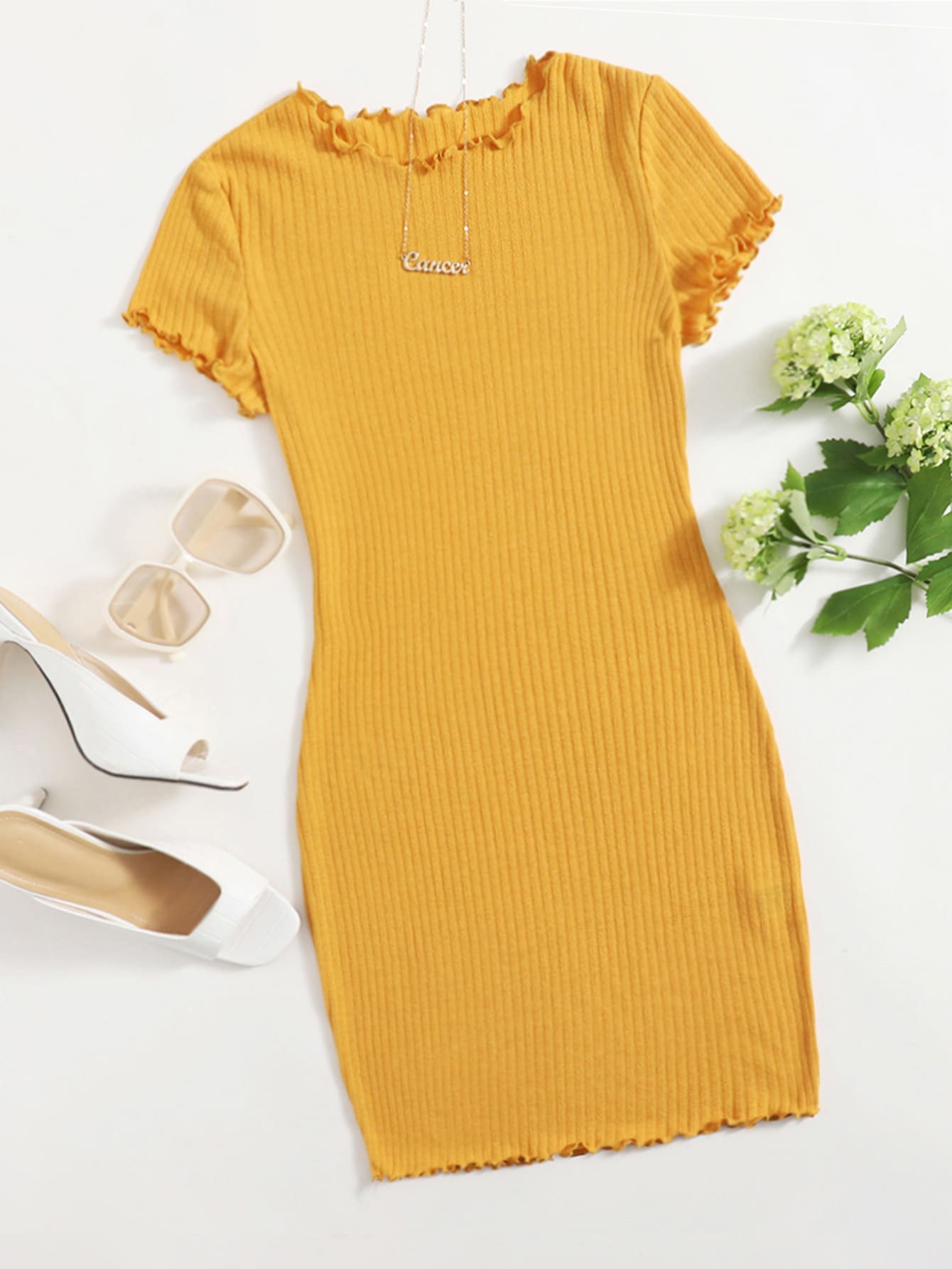 Shein Ezwear Lettuce Trim Rib Knit Bodycon Dress Shein Usa
