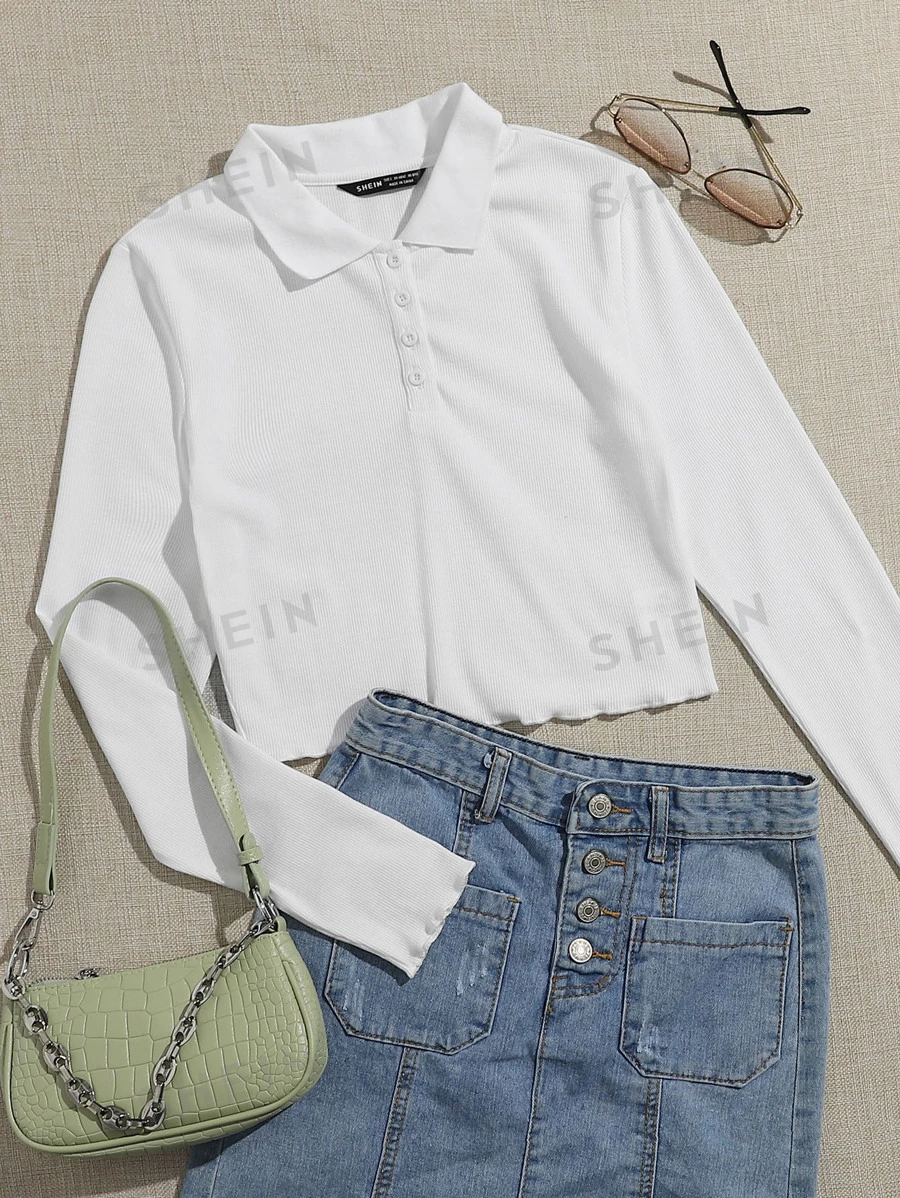 SHEIN EZwear Camisa polo tejida de canalé ribete en forma de lechuga ...