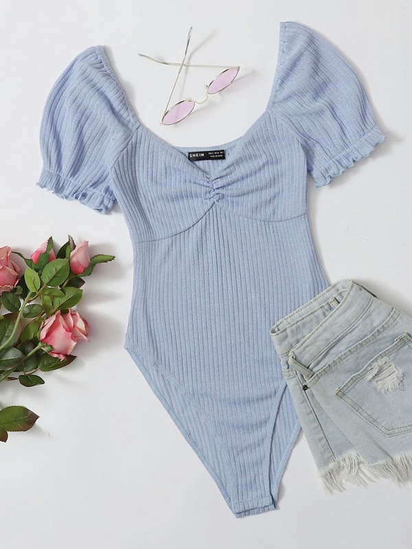 Is That The New Frilled Puff Sleeve Ruched Bust Rib Knit Bodysuit Romwe Usa