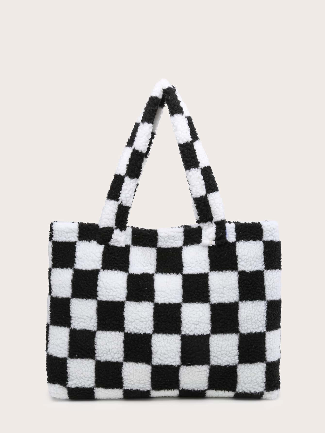 Checkerboard Pattern Fuzzy Shoulder Tote Bag