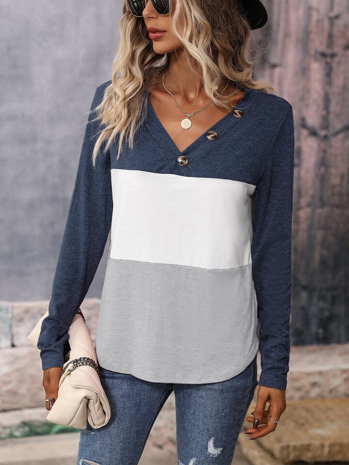 SHEIN LUNE Color Block V Neck Tee | SHEIN