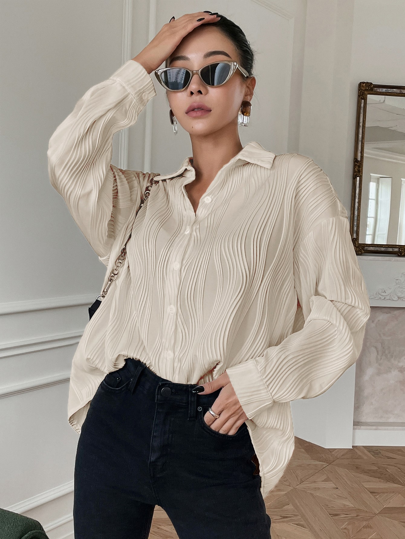 DAZY Textured Drop Shoulder Button Front Shirt