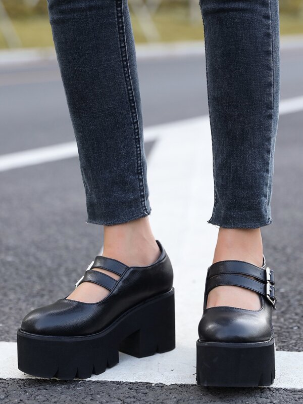 Square Buckle Detail Flatform Mary Jane Shoes | SHEIN USA