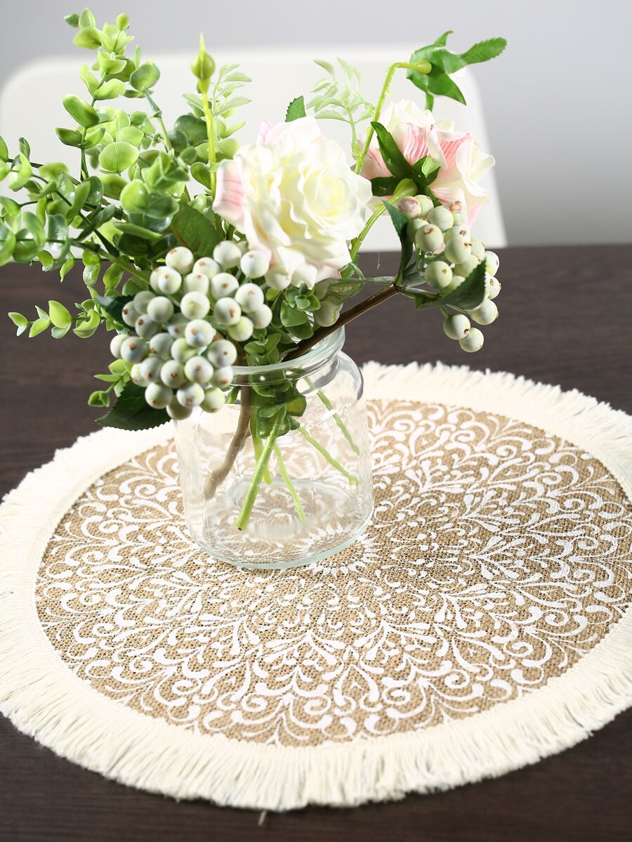 1pc Scroll Pattern Fringe Trim Placemat, Vintage Round Table Mat For ...
