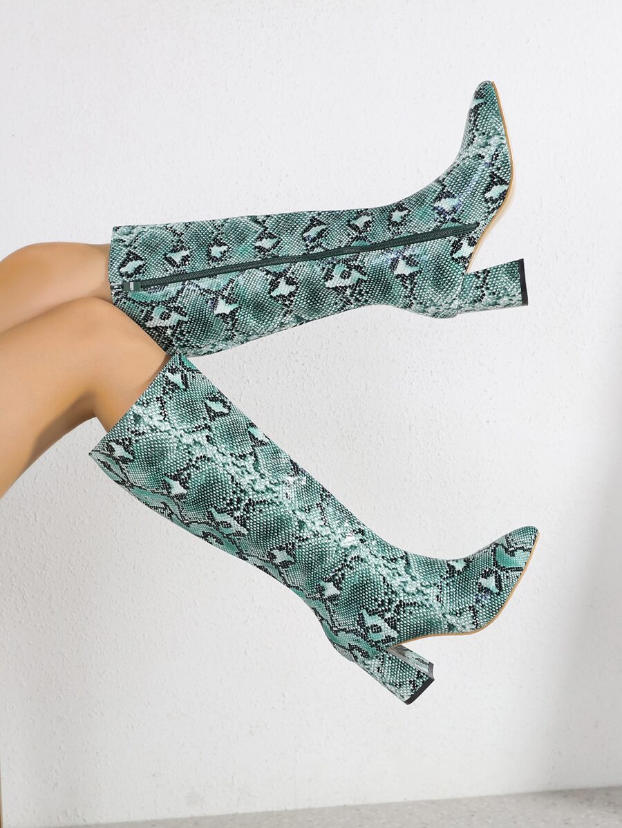 Snakeskin Embossed Side Zip Point Toe Chunky Heeled Classic Boots ...