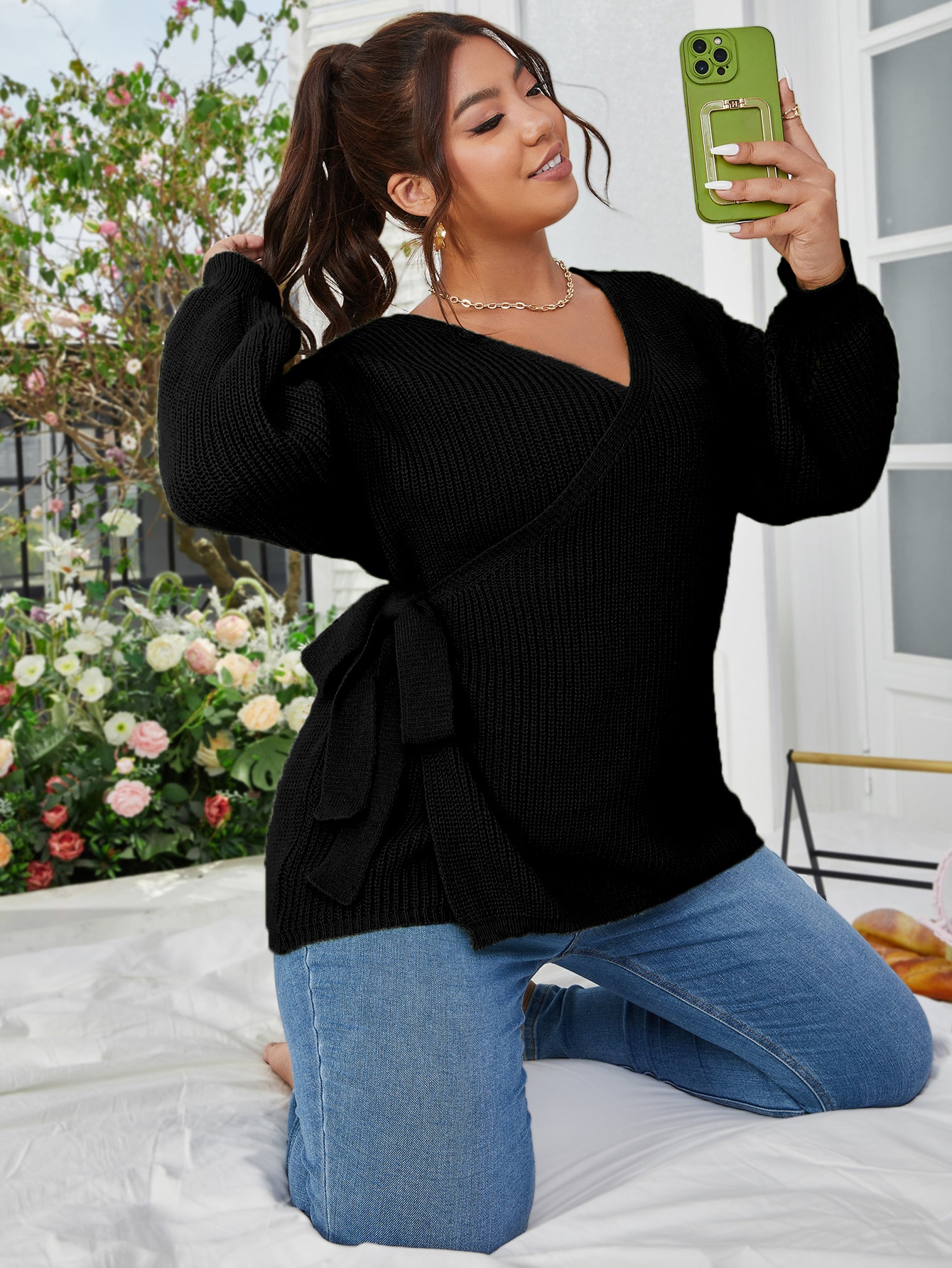 SHEIN Privé Plus Drop Shoulder Tie Side Wrap Sweater | SHEIN USA