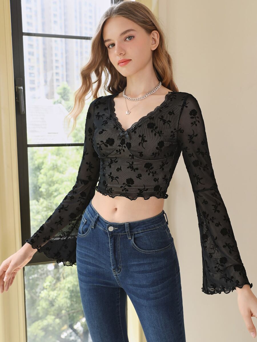 SHEIN MOD Floral Print Lettuce Trim Mesh Top | SHEIN UK