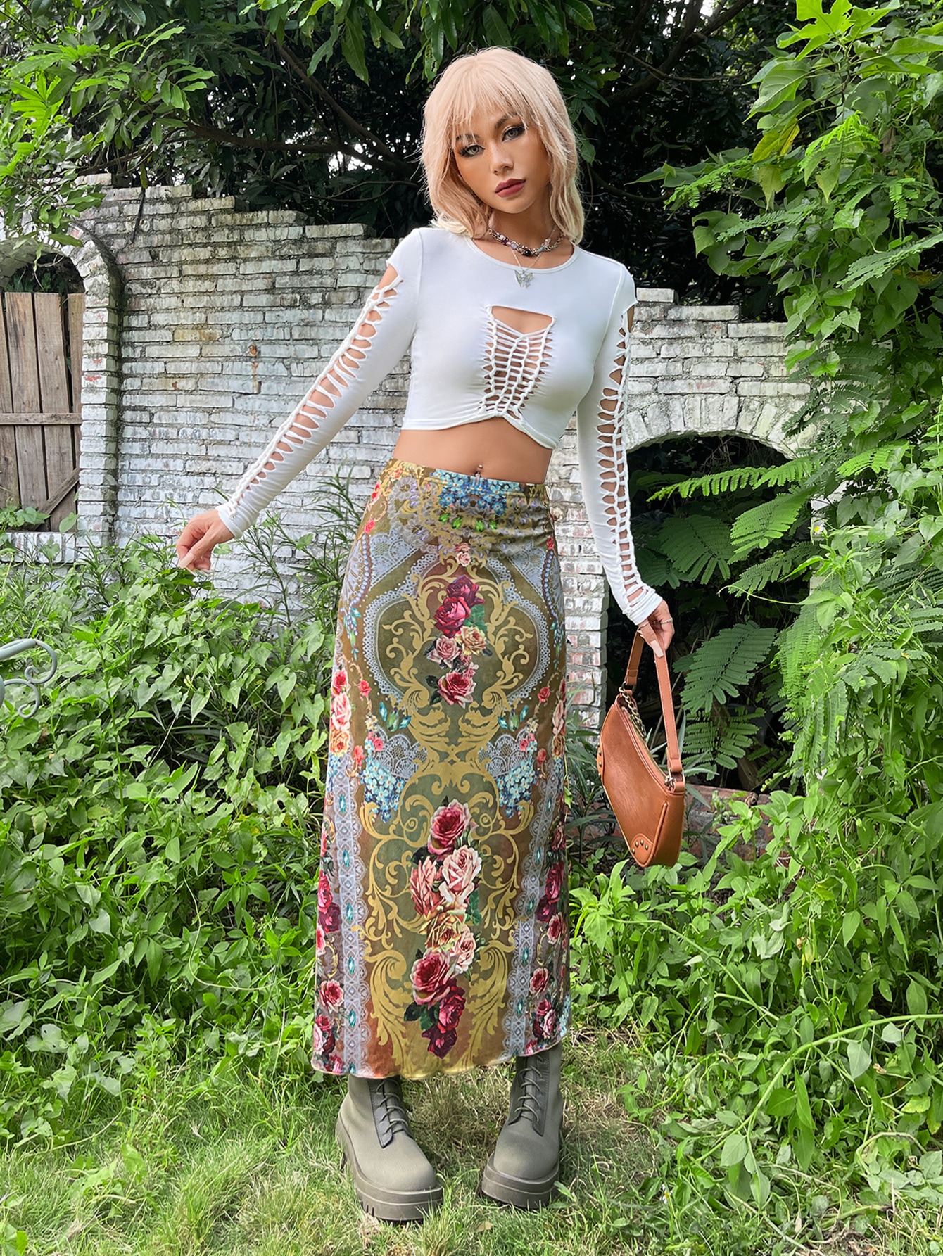 Romwe Punk Grunge High Waist Floral And Baroque Print Lettuce Trim Skirt