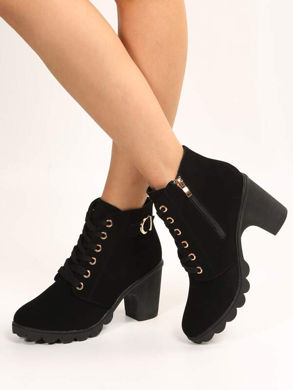 Women Lace Up Buckle Detail Side Zip Chunky Heeled Combat Boots | SHEIN UK